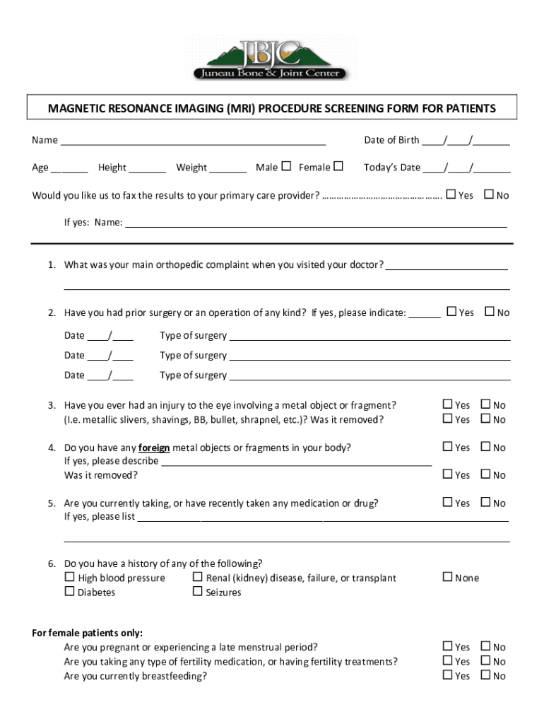 Fillable Online MAGNETIC RESONANCE (MR) PROCEDURE SCREENING FORM FOR ...