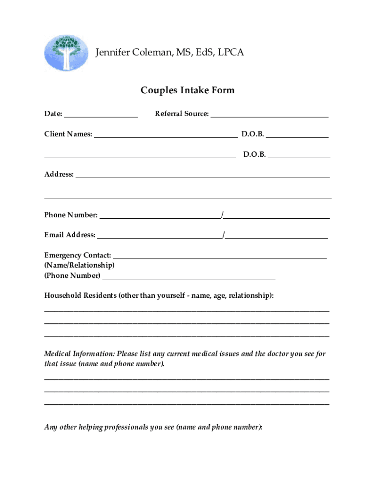 Fillable Online Couples Intake Form - jennifercolemancounselor.com Fax ...