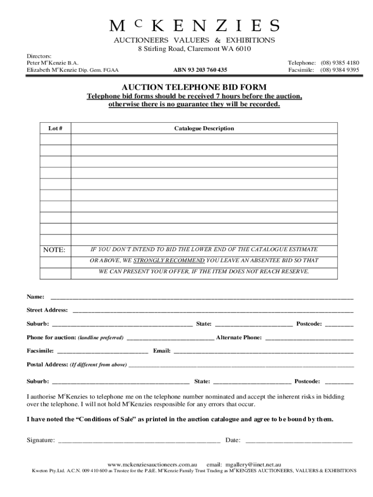 Fillable Online AUCTION ABSENTEE BID FORM - McKenzies Auctioneers Fax ...