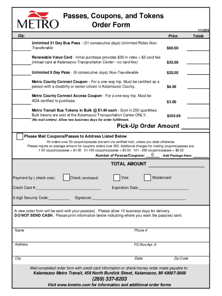 Fillable Online Passes, Coupons, and Tokens Order Form. Passes, Coupons ...