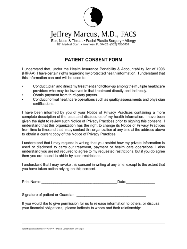 Fillable Online patient consent form - Jeffrey Marcus, MD, FACS Fax Email Print - pdfFiller