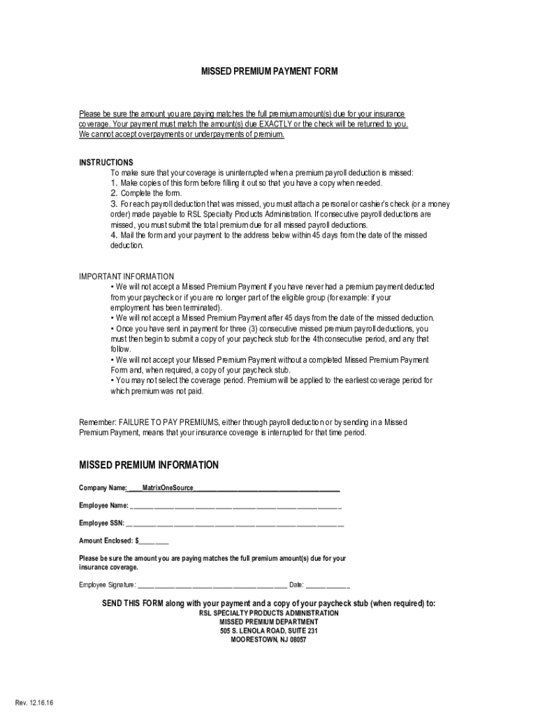 Fillable Online MISSED PREMIUM PAYMENT FORM Fax Email Print - pdfFiller