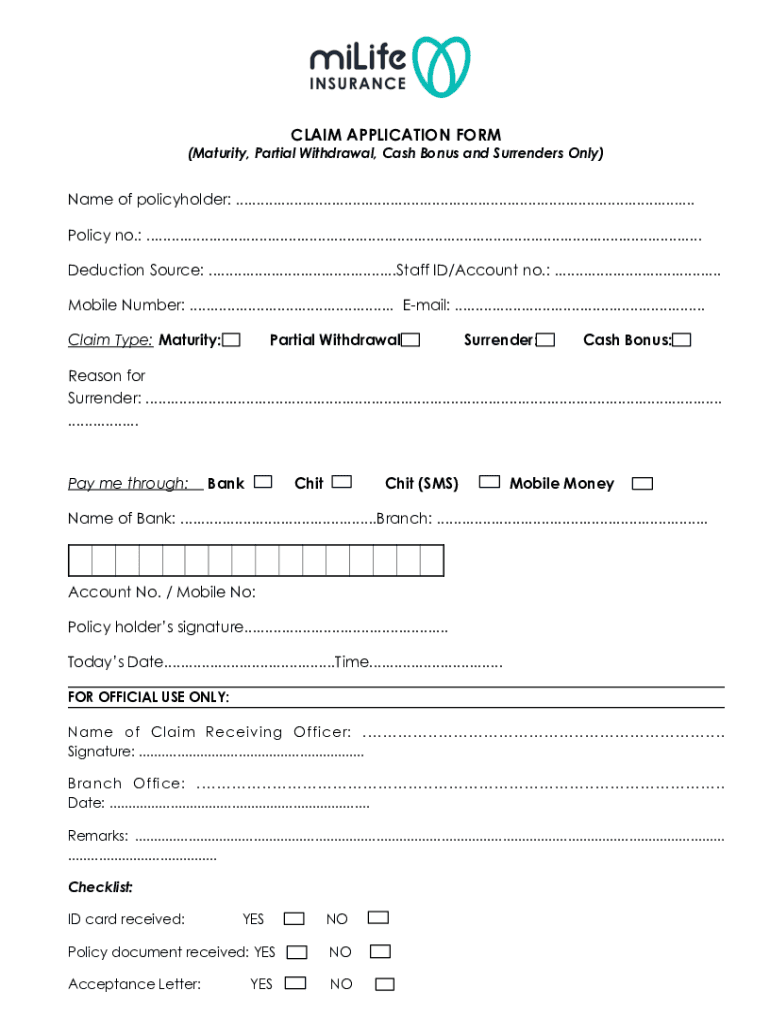 Fillable Online CLAIM APPLICATION FORM (Maturity, Partial Withdrawal ...