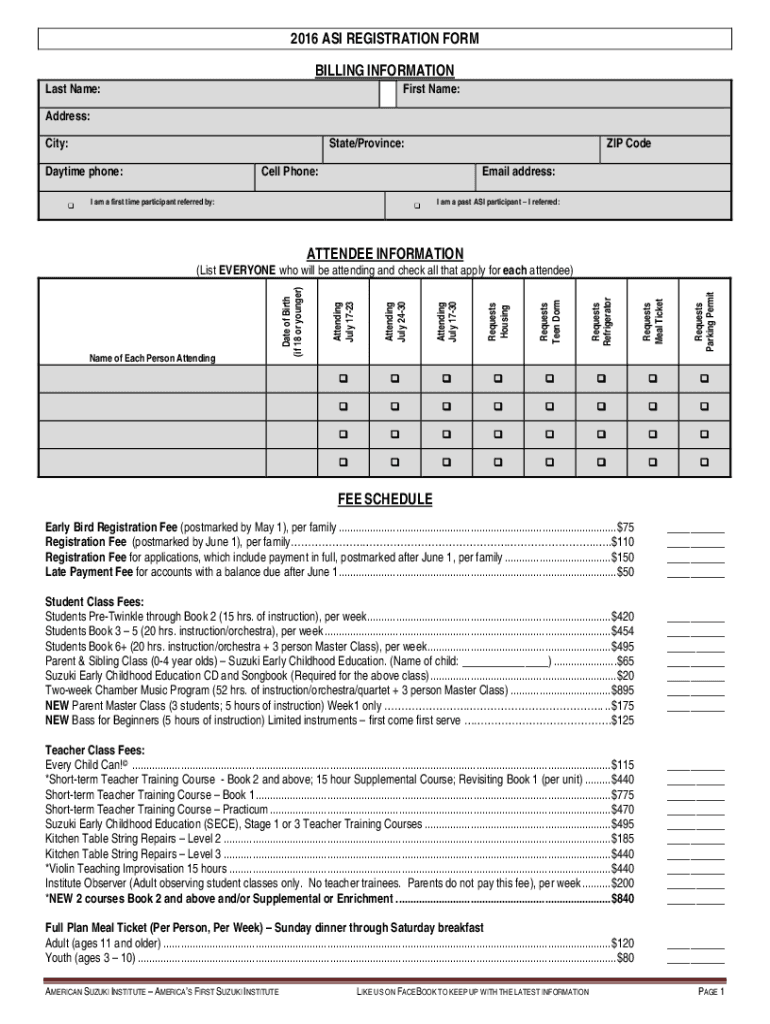 Fillable Online PDF 2016 ASI REGISTRATION FORM BILLING INFORMATION ...