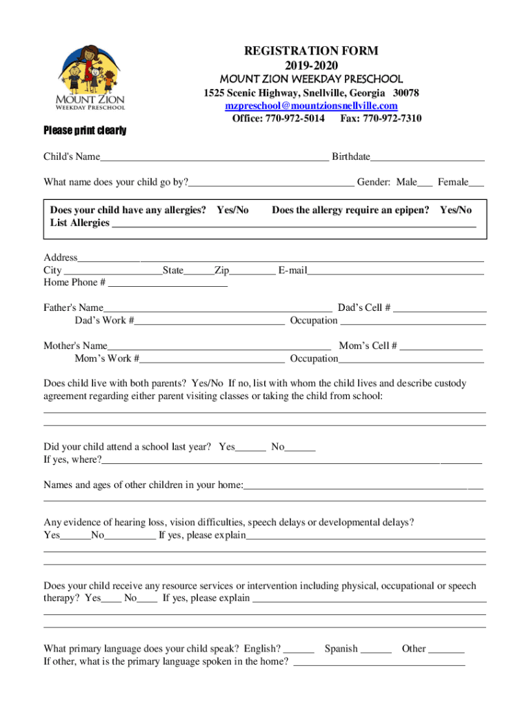 Fillable Online REGISTRATION FORM 2019-2020 MOUNT ZION WEEKDAY ...