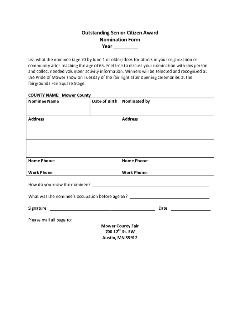 Fillable Online Outstanding Senior Citizen Award Nomination Form - Steele ... Fax Email Print ...