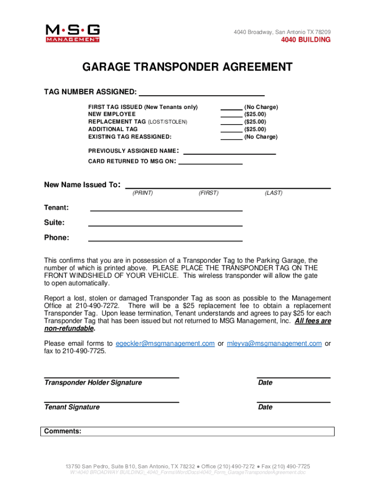 Fillable Online GARAGE TRANSPONDER AGREEMENT Fax Email Print - pdfFiller