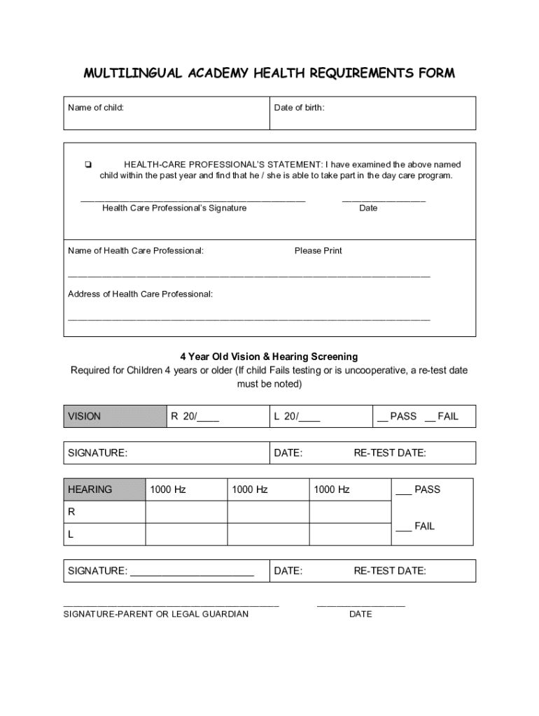 Fillable Online MULTILINGUAL ACADEMY HEALTH REQUIREMENTS FORM Fax Email ...