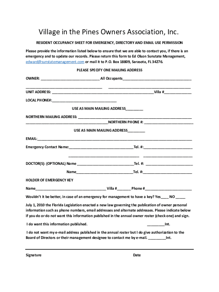 Fillable Online Village in the Pines Owners Association, Inc. Fax Email ...