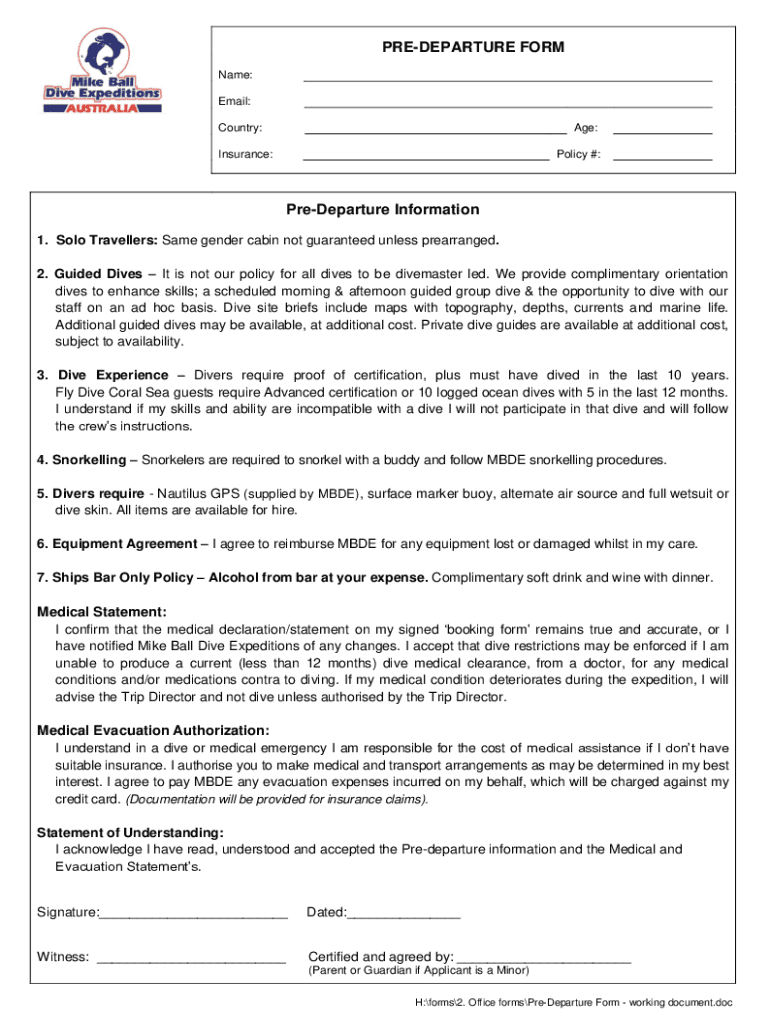 Fillable Online PRE-DEPARTURE FORM Pre-Departure Information Fax Email ...