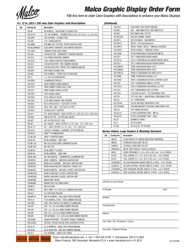Fillable Online Custom Display Headers Order Form - Malco Products Fax ...