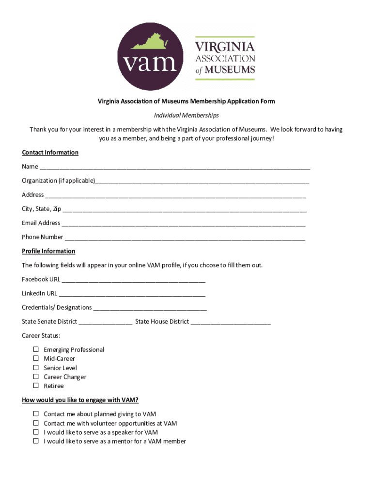 Fillable Online Virginia Association of Museums Membership Application ...
