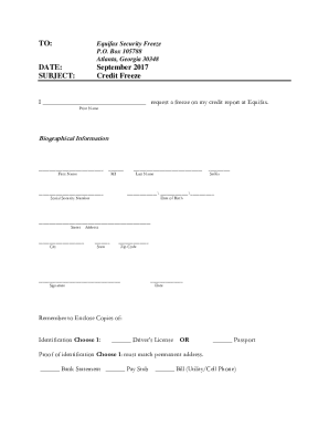 Fillable Online I request a freeze on my credit report at Equifax Fax ...
