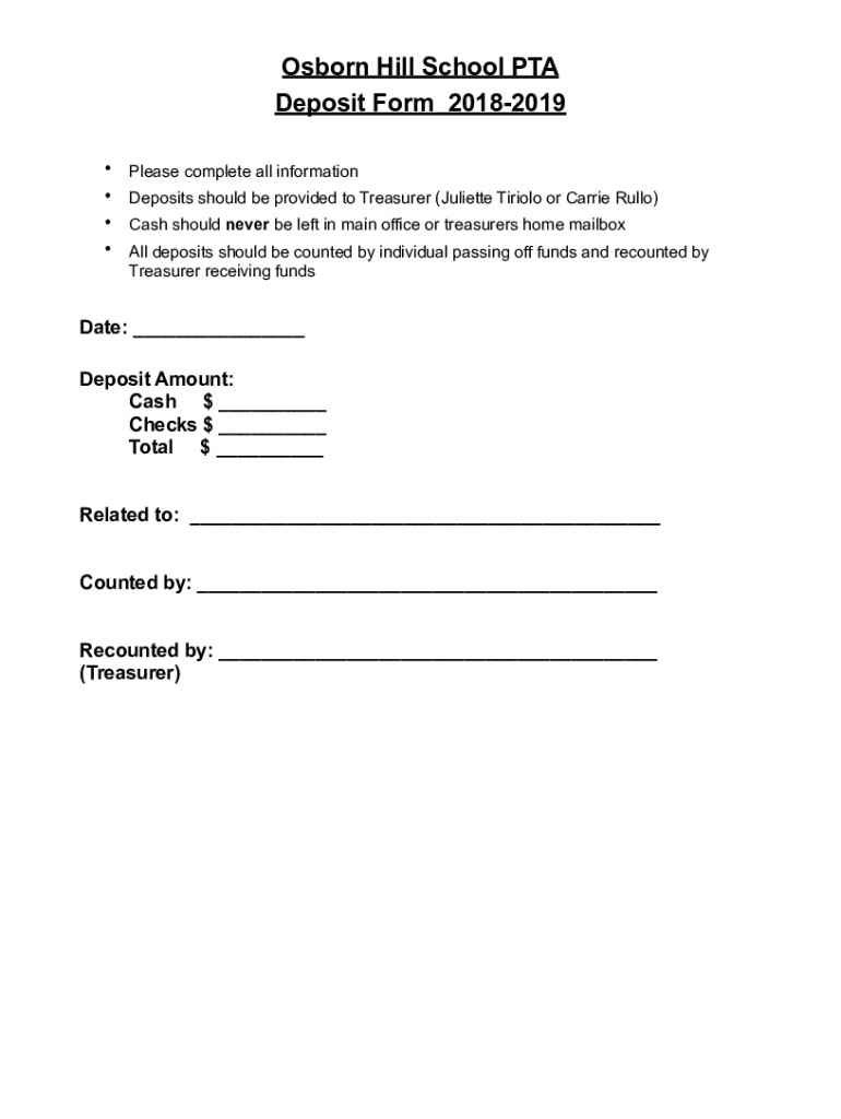 Fillable Online PDF Osborn Hill School PTA Deposit Form 2018-2019 Fax ...