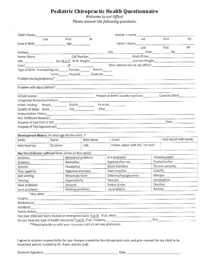 Fillable Online Pediatric Chiropractic Health Questionnaire Fax Email ...