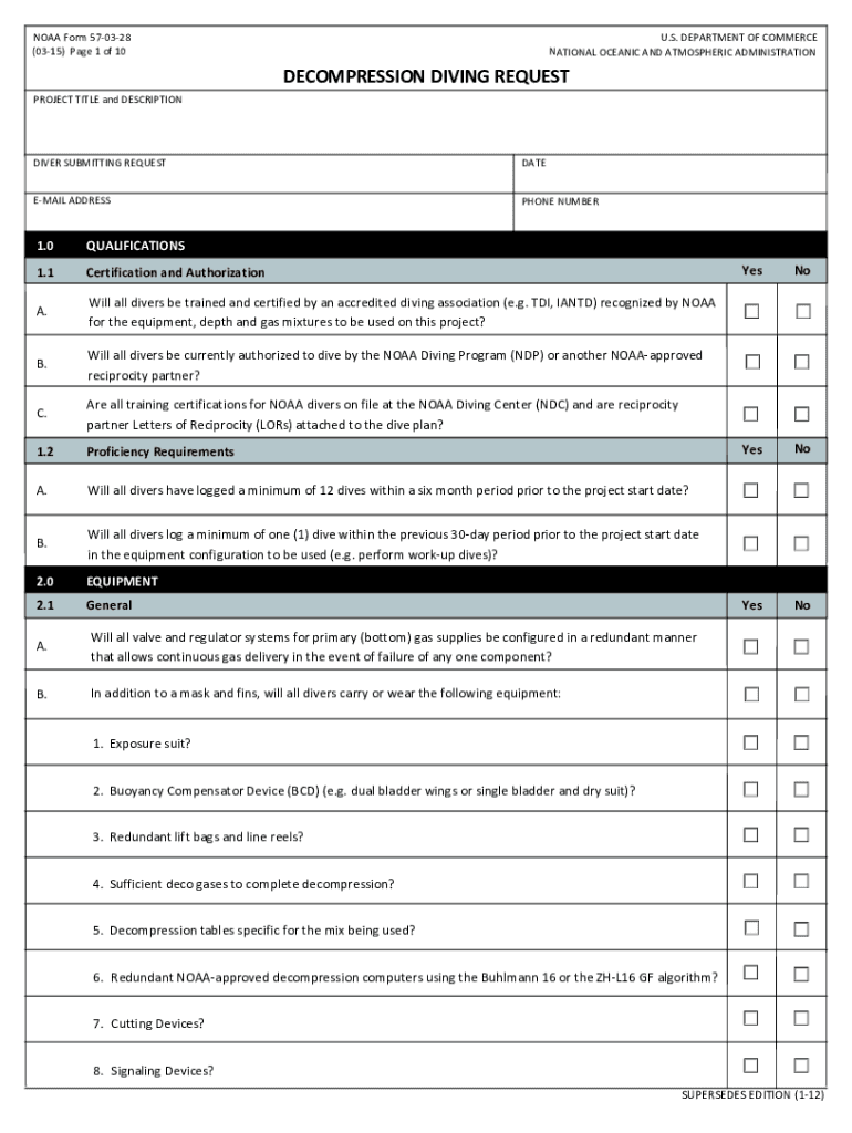 Fillable Online NOAA Form 57-03-28 Decompression Diving Request ...