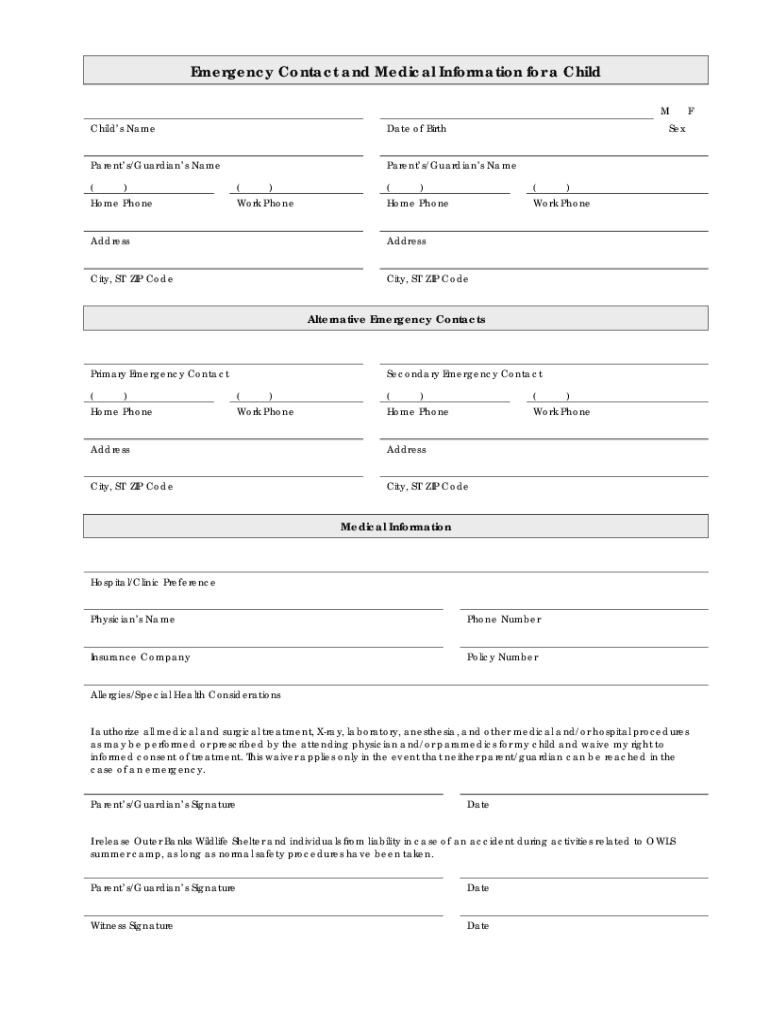 Fillable Online Free Child emergency contact and medical information ...