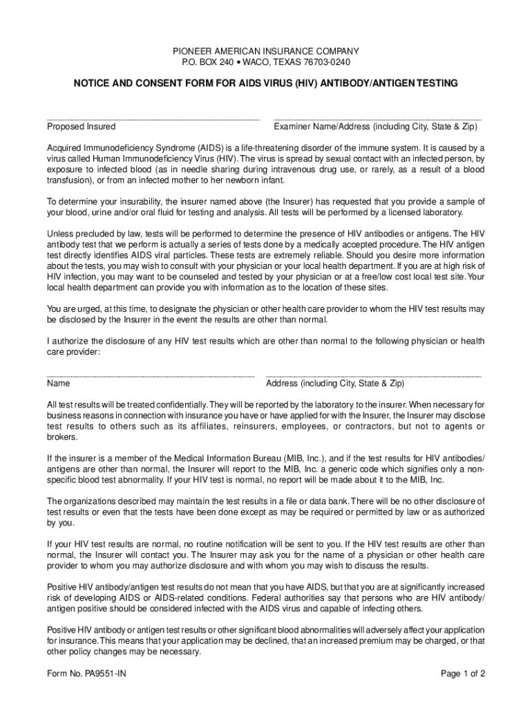 Fillable Online NOTICE AND CONSENT FORM FOR AIDS VIRUS (HIV) ANTIBODY/ANTIGEN ... Fax Email ...
