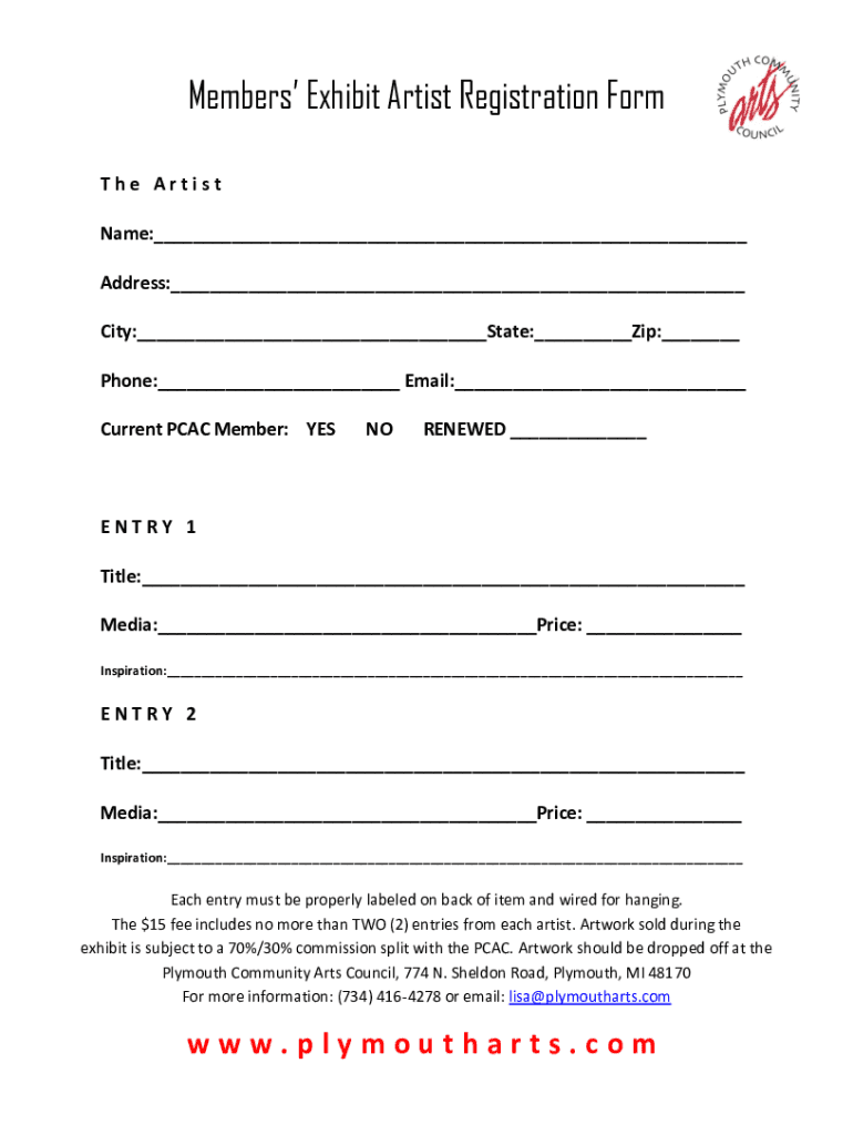 Fillable Online Members Exhibit Artist Registration Form - plymoutharts ...