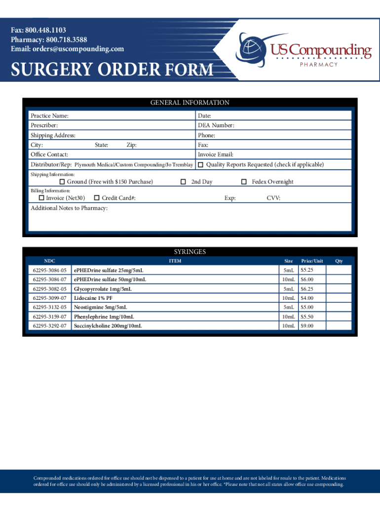 Fillable Online PDF SURGERY ORDER FORM - PLYMOUTH MEDICAL Fax Email ...