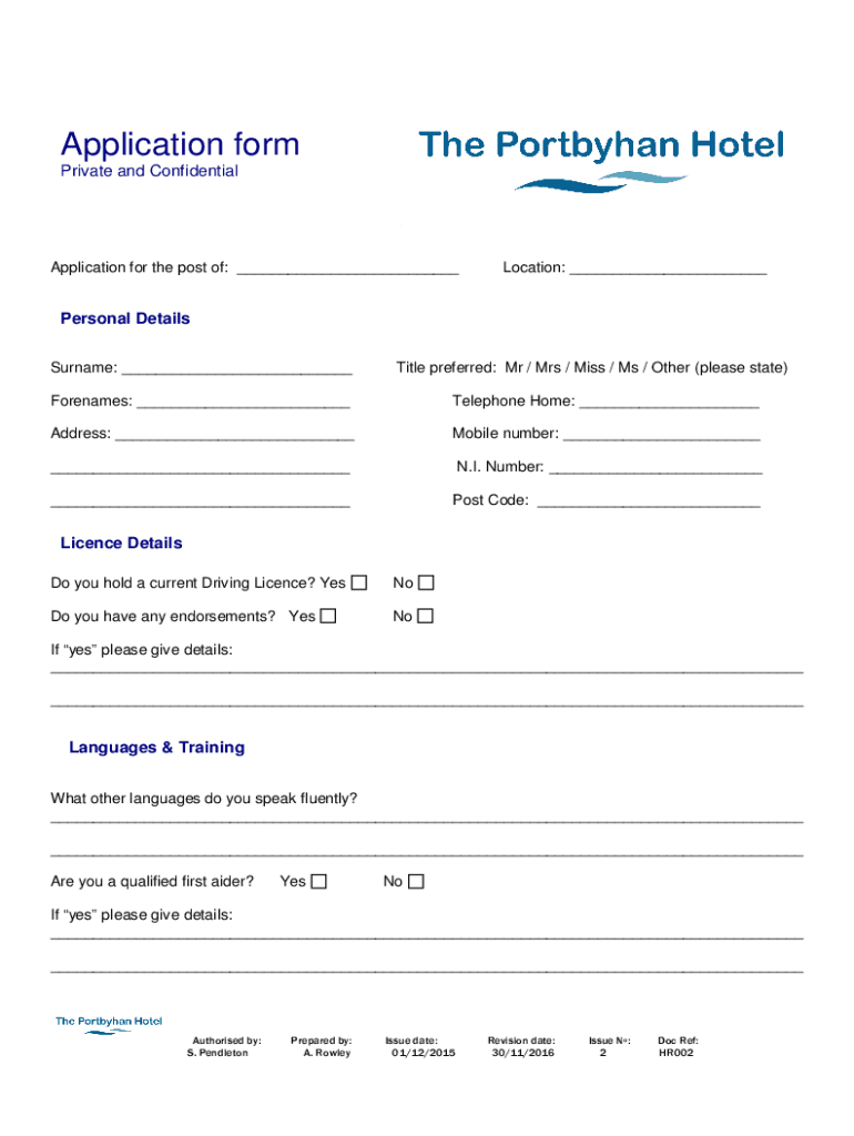 Fillable Online HR002 - Application form Hotel.doc Fax Email Print ...