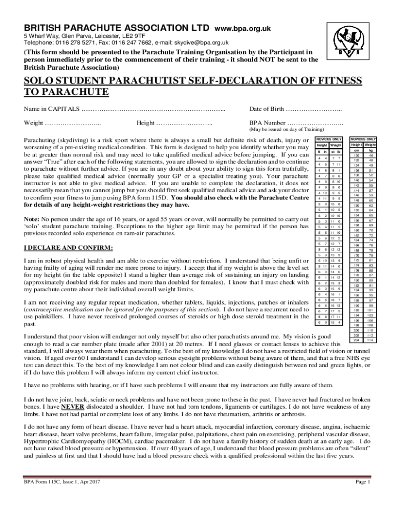 Fillable Online Solo Student Parachutist Self Declaration 2017 draft ...
