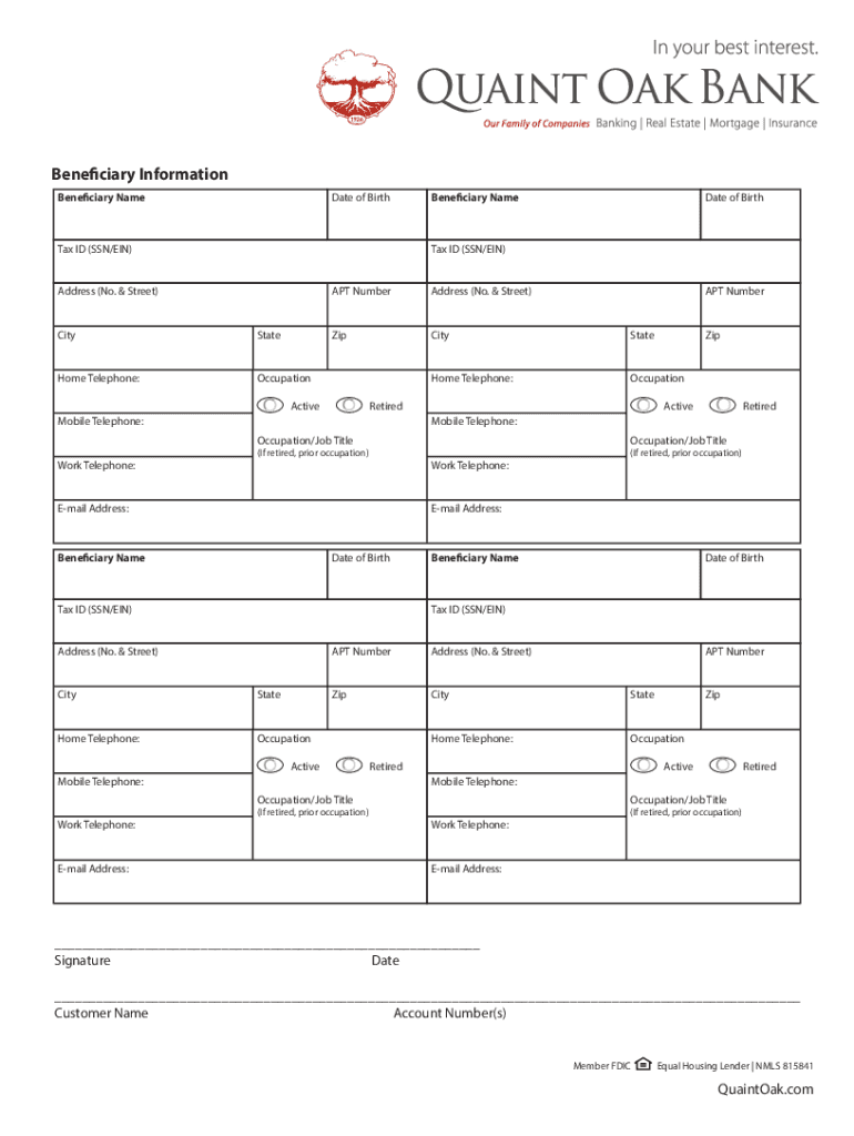 Fillable Online Quaint-Oak-Bank-Beneficiary-Form Fax Email Print ...