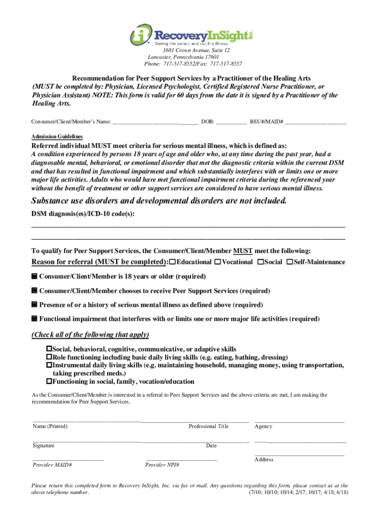 Fillable Online Peer Support Recommendation Form - Recovery Insight Fax ...