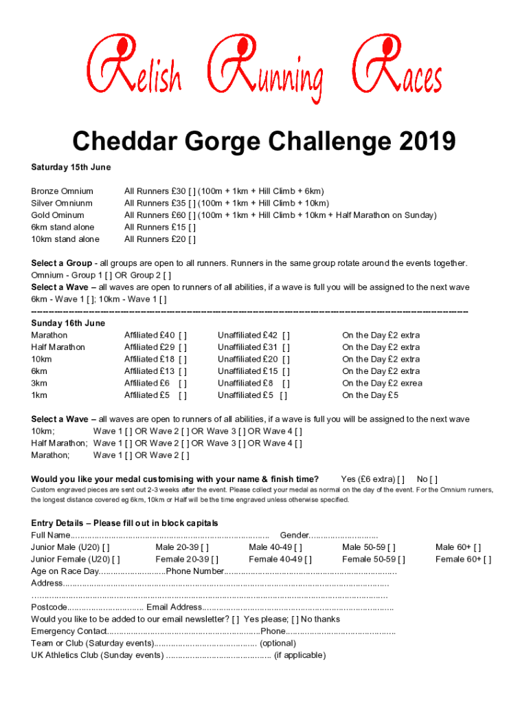 Fillable Online Relish Running Races Cheddar Gorge Challenge Fax Email ...