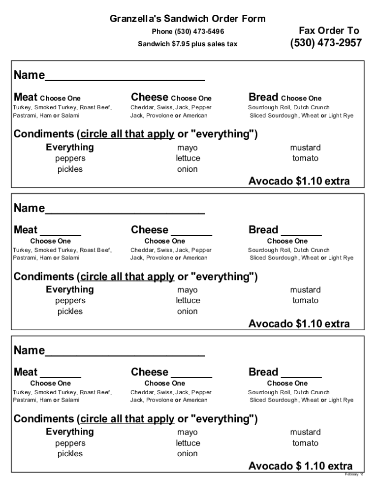 Fillable Online Sandwich Order Form.xls-Read-Only-Compatibility Mode ...