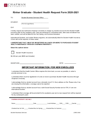 Fillable Online Rinker Graduate - Student Health Request Form 2020-2021 ...