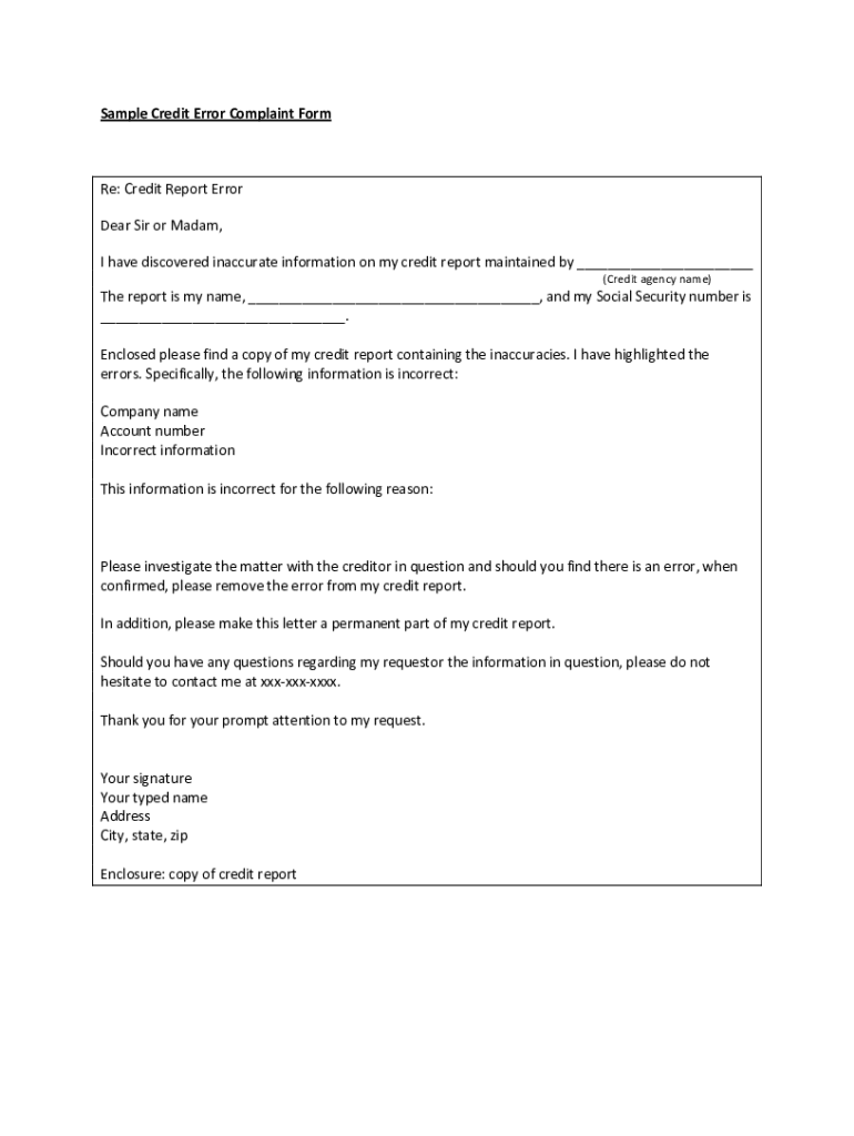 Fillable Online Sample Letter to Dispute Credit Report Errors - The ...