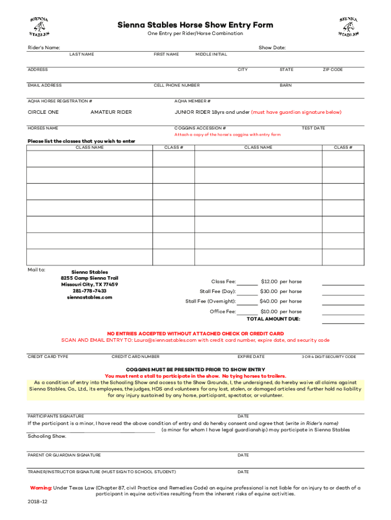 Fillable Online Sienna Stables Horse Show Entry Form Fax Email Print ...