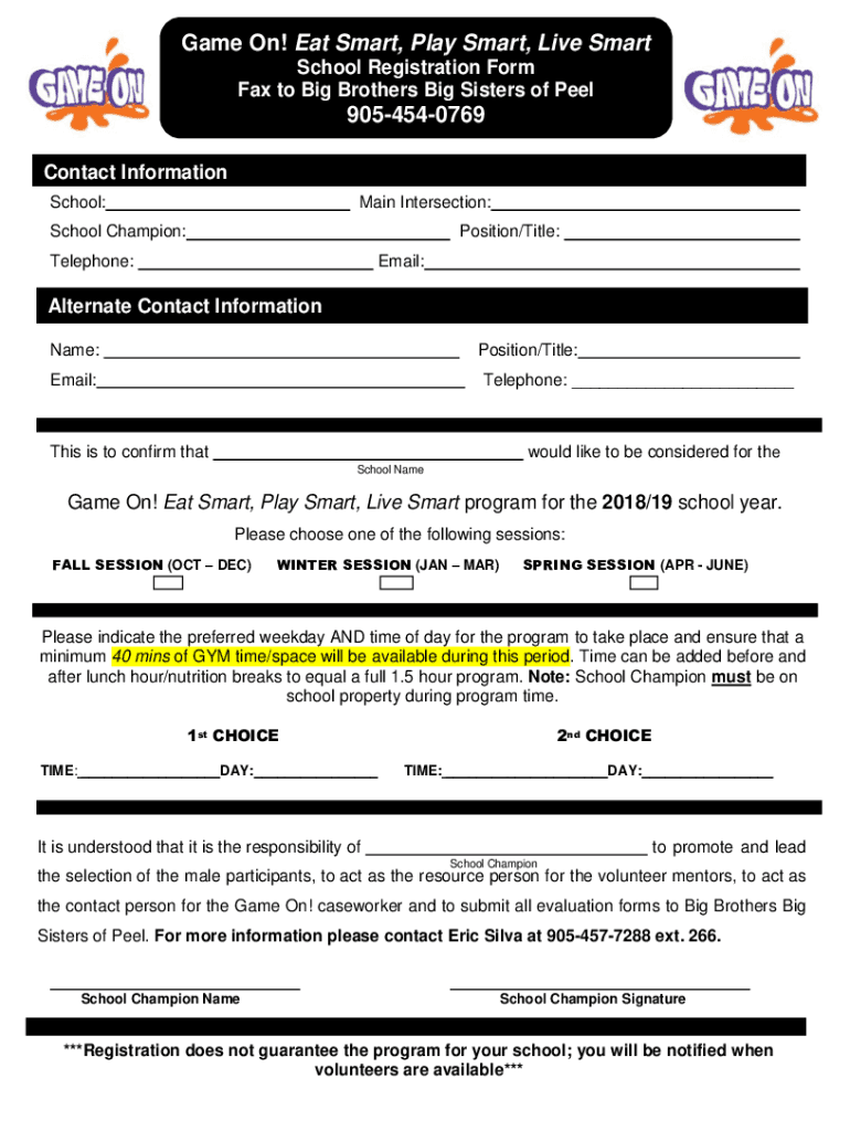 Fillable Online Game On! Eat Smart, Play Smart, Live Smart School ...