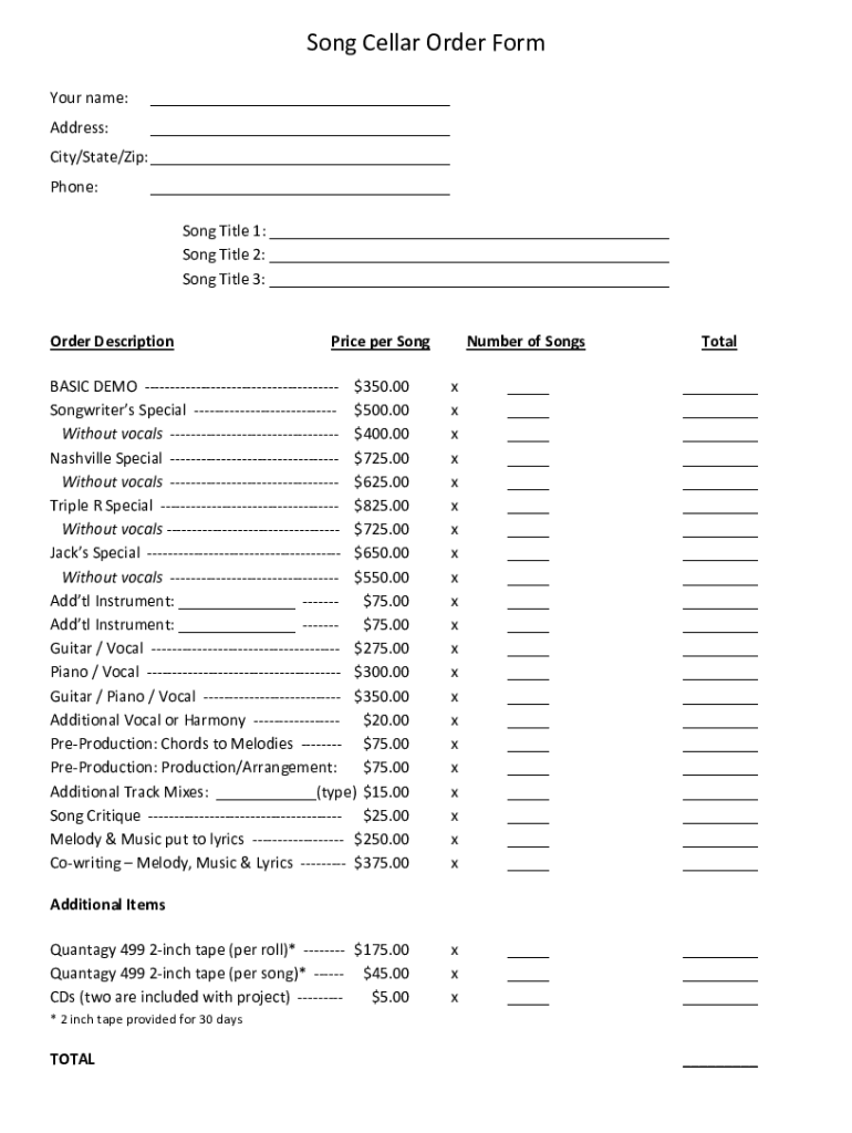 Fillable Online Song Cellar Order Form Fax Email Print - pdfFiller