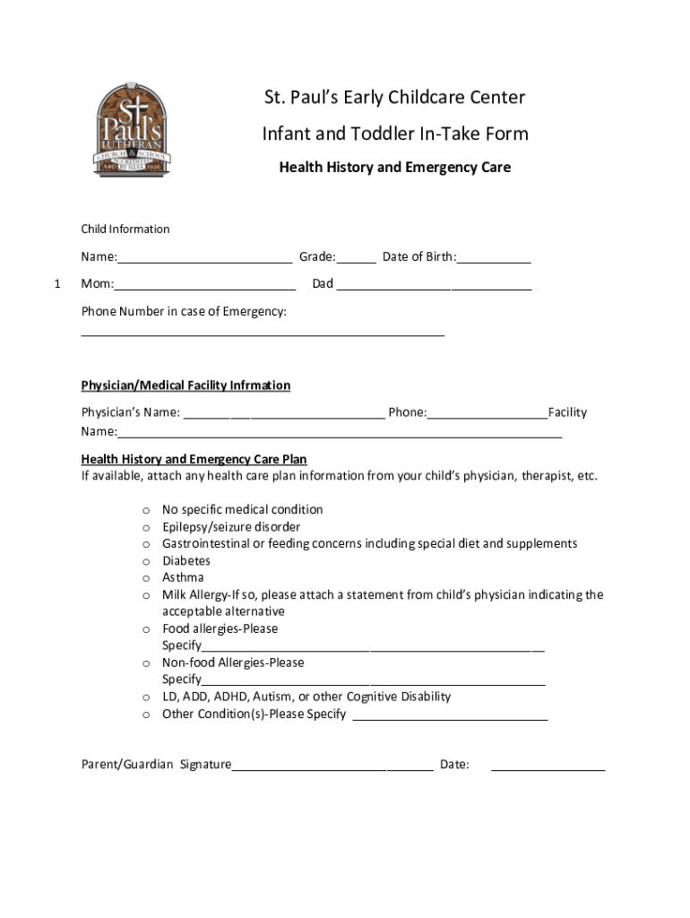 Fillable Online St. Pauls Early Childcare Center Infant and Toddler In-Take Form Fax Email Print ...