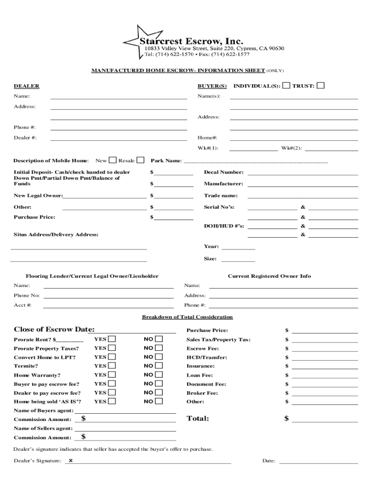 Fillable Online MANUFACTURED HOME ESCROW- INFORMATION SHEET (ONLY) Fax ...