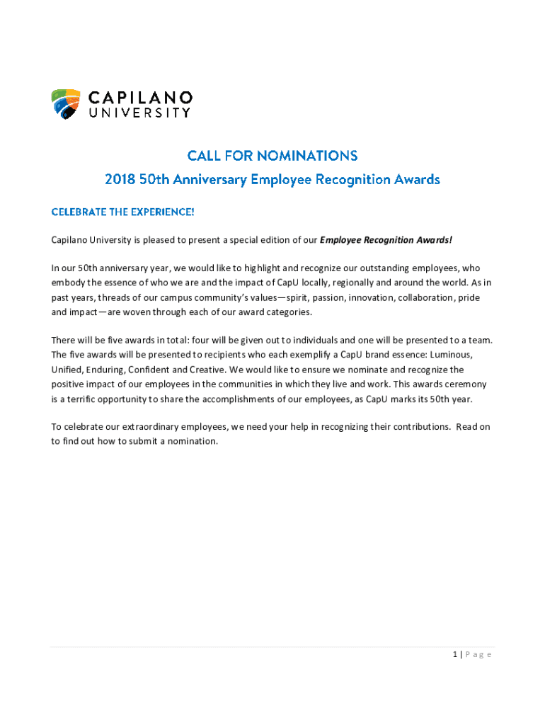 Fillable Online Employee Recognition AwardsCapU 50th Celebrations Fax ...