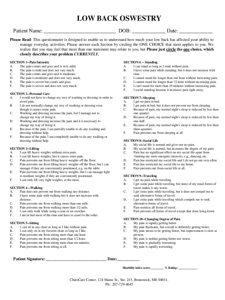 Fillable Online Revised Oswestry Chronic Low Back Pain Disability ...