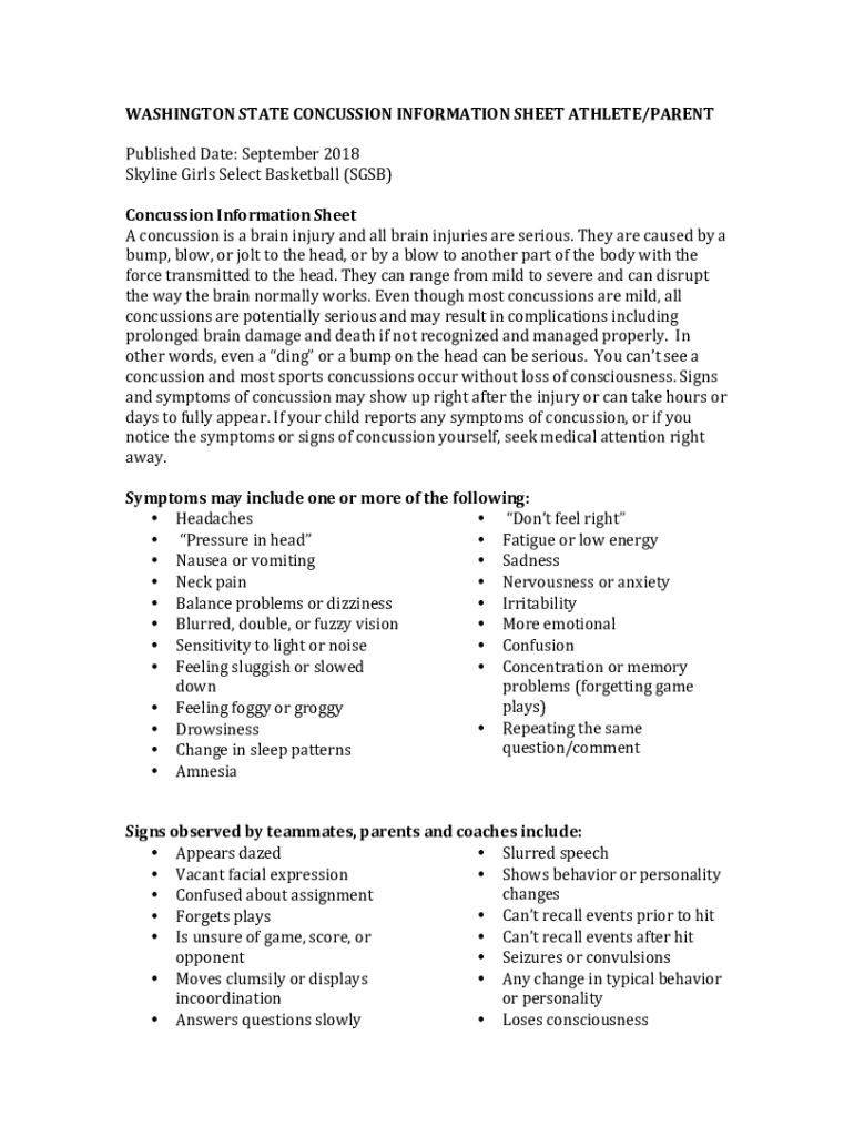 Fillable Online WASHINGTON STATE CONCUSSION INFORMATION SHEET ATHLETE ...