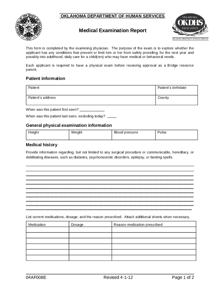 04AF008E (DCFS-38). Medical Examination Report Doc Template | pdfFiller