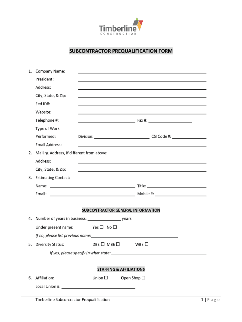 Fillable Online SUBCONTRACTOR PREQUALIFICATION FORM - Timberline ...