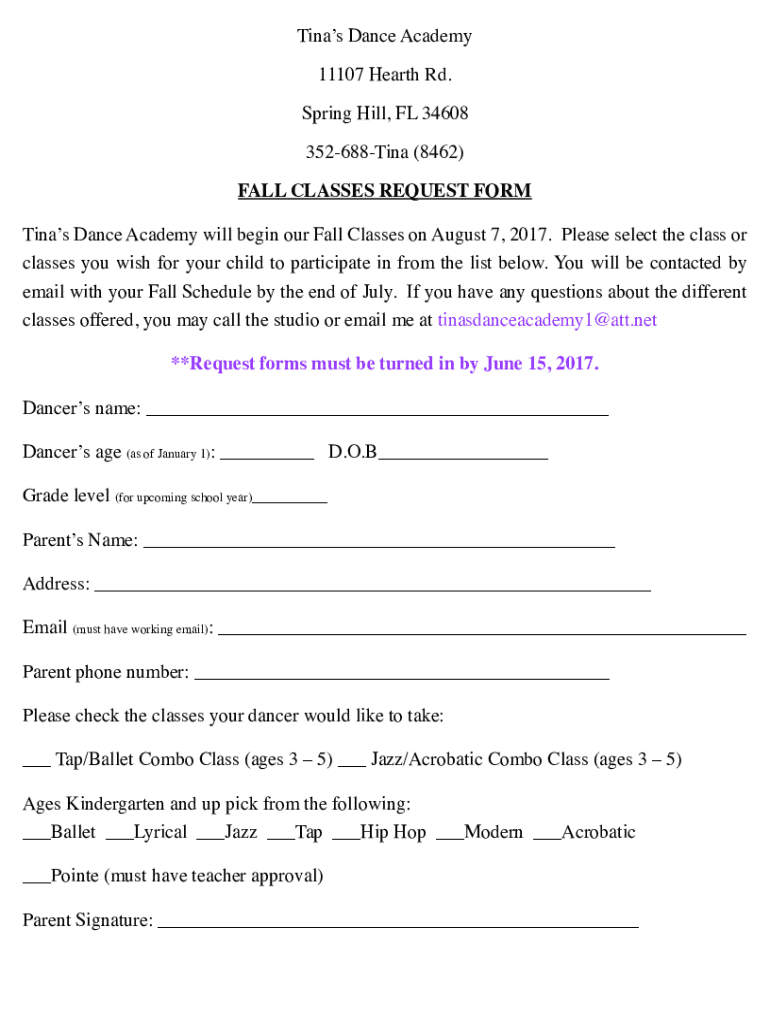 Fillable Online Fall Request Form - Tina's Dance Academy Fax Email ...
