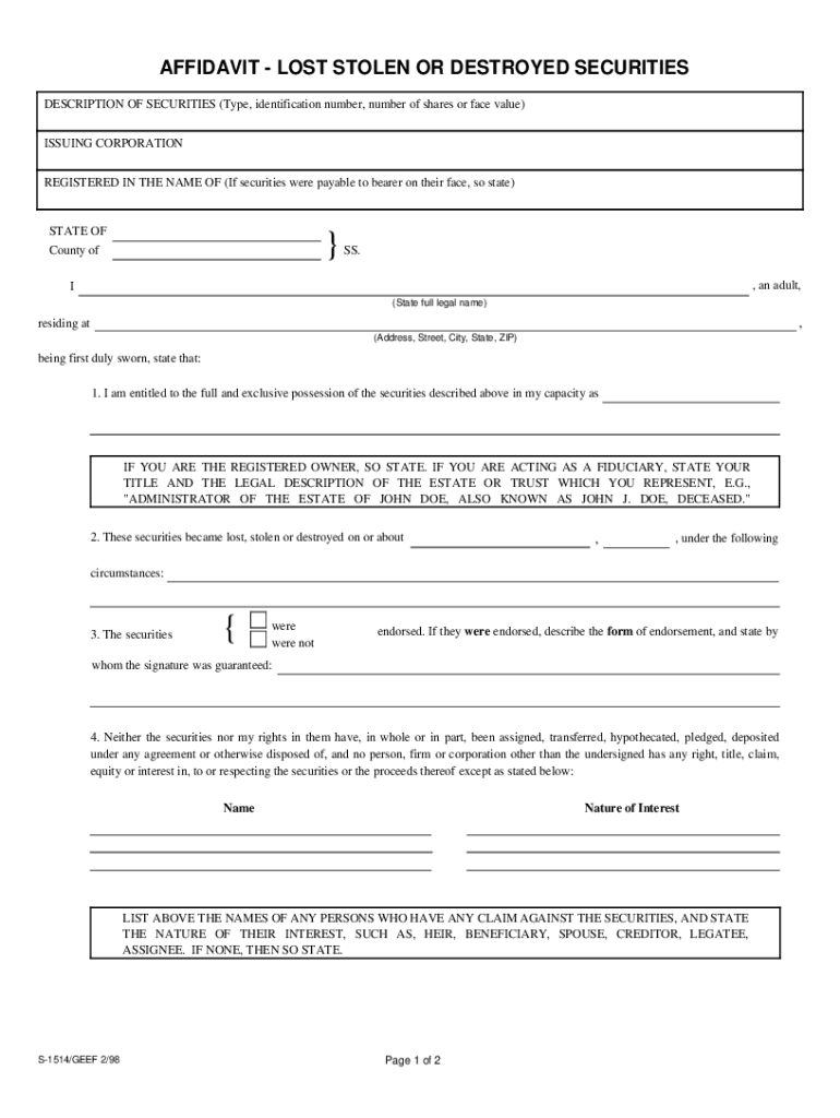 Fillable Online Free Affidavit of Lost Stolen or Destroyed Stock ...