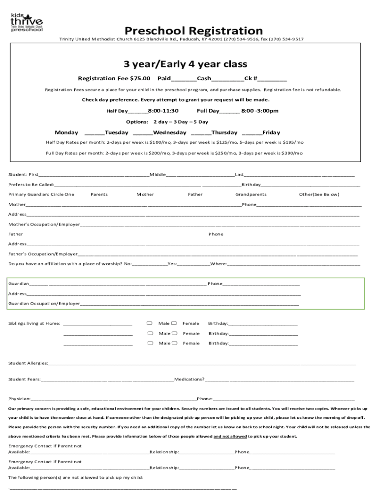 Fillable Online PreschoolTrinity United Methodist Church Fax Email ...