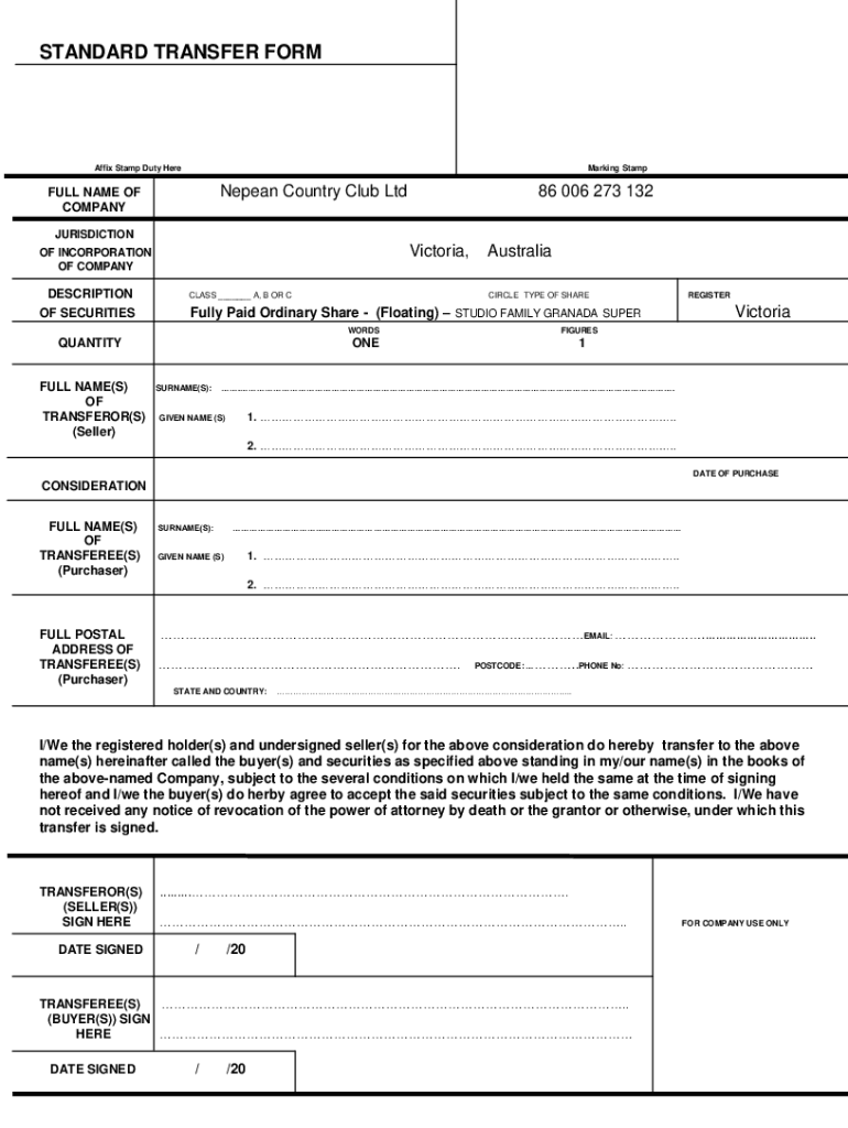 Fillable Online STANDARD TRANSFER FORM - nepeancountryclub.com.au Fax ...