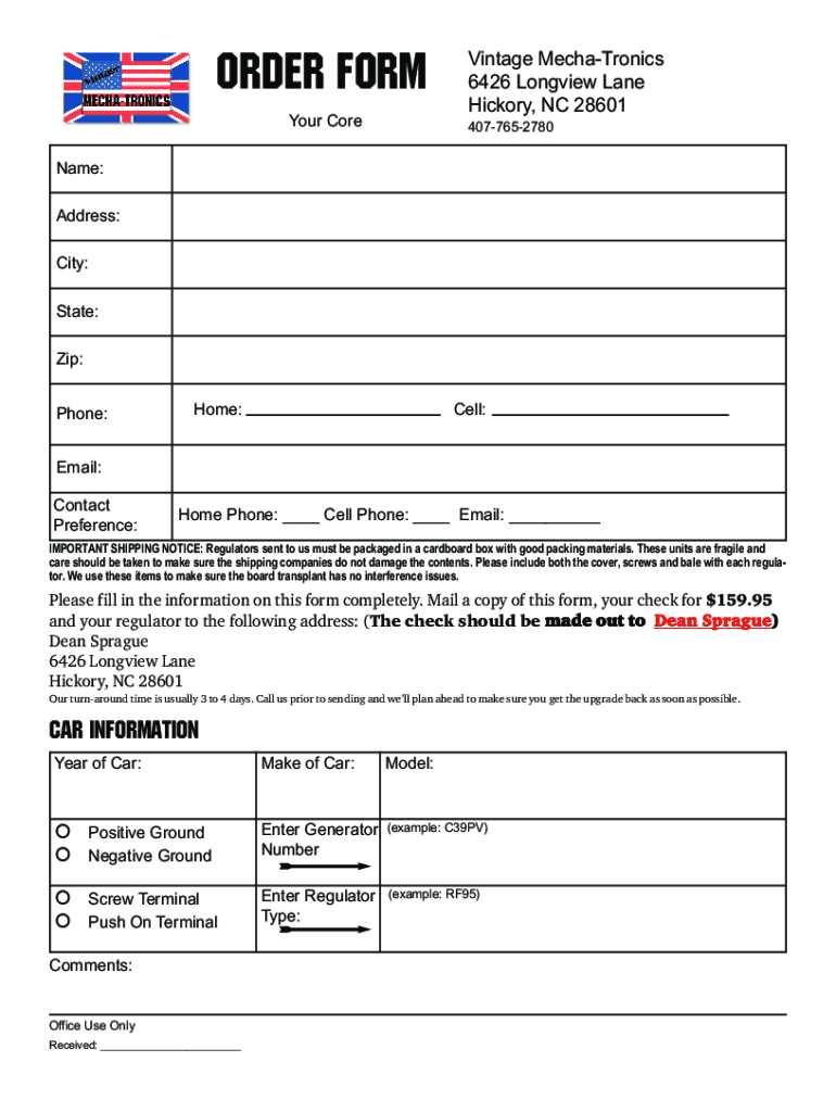 Fillable Online Order Form Vintage Mecha-Tronics 6426 Longview Lane ...