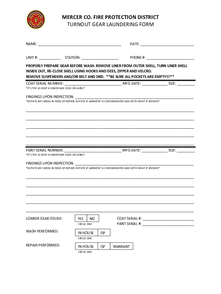 Fillable Online MERCER CO. FIRE PROTECTION DISTRICT TURNOUT GEAR ...