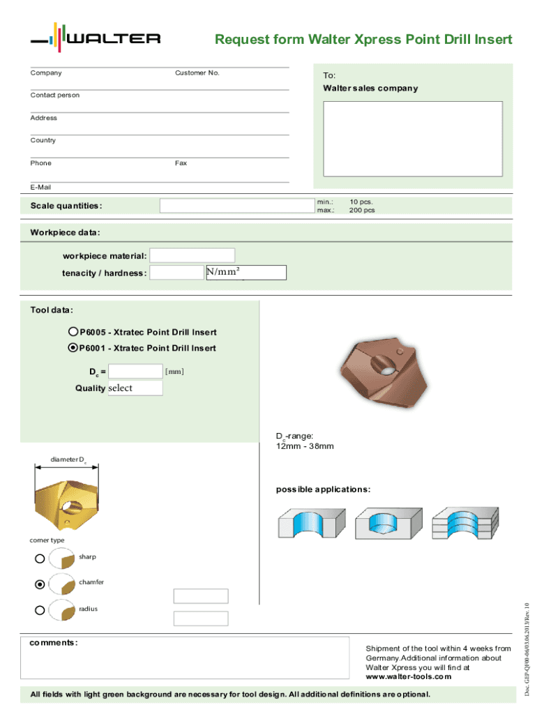 Fillable Online Request form Walter Xpress Point Drill Insert. Request ...