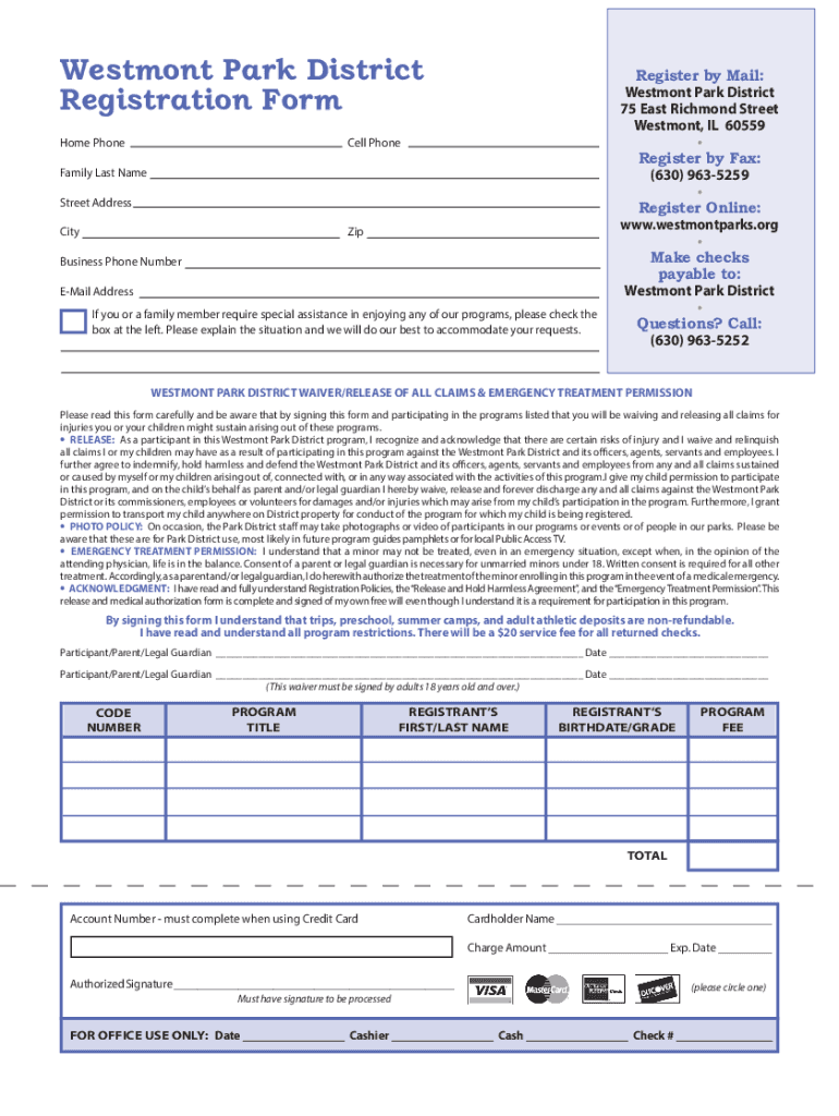 Fillable Online Westmont Park District Register by Mail: Registration ...